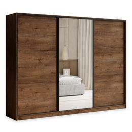 SCHWEBET&Uuml;RENSCHRANK TARI 270/205/58 cm 3-t&uuml;rig mit Spiegel und 4 Schubladen Eichefarben