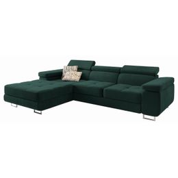 ECKSOFA ELMA L-S Gr&uuml;n Velours-Stoff mit Schlaffunktion