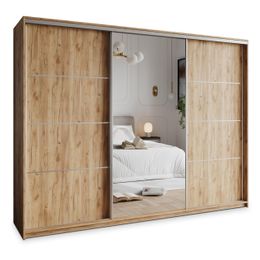 SCHWEBET&Uuml;RENSCHRANK VARO 250/205/60 cm 3-t&uuml;rig mit Spiegel und Schubladen Craft Eiche Gold