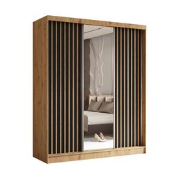 SCHWEBET&Uuml;RENSCHRANK LAMELLO 180/216/61 cm 3-t&uuml;rig mit Spiegel Eiche Artisan