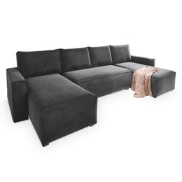 WOHNLANDSCHAFT DENI Grau Velours-Stoff mit Schlaffunktion