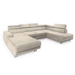 WOHNLANDSCHAFT SIENA R-S Creme Velours-Stoff mit Schlaffunktion