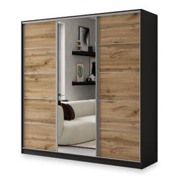SCHWEBET&Uuml;RENSCHRANK NATA 200/205/58 cm 3-t&uuml;rig mit Spiegel und 4 Schubladen Schwarz