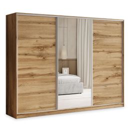 SCHWEBET&Uuml;RENSCHRANK TARI 235/205/58 cm 3-t&uuml;rig mit Spiegel und Schubladen Eiche Wotan