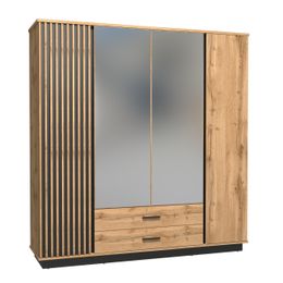 SCHWEBET&Uuml;RENSCHRANK KIMA 196,6/205/52cm 4-t&uuml;rig mit Spiegel Eiche Wotan