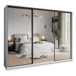 SCHWEBET&Uuml;RENSCHRANK RIEN 250/205/60 cm 3-t&uuml;rig mit Spiegel und Schubladen Wei&szlig;