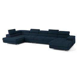 WOHNLANDSCHAFT VELORA L-S Blau Velours-Stoff mit Schlaffunktion