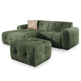 ECKSOFA inkl. Hocker Kozy im Bumpy-Design mit Schlaffunktion und fester R&uuml;ckenlehne aus weichem Gr&uuml;n Chenille-Stoff - Ottomane links