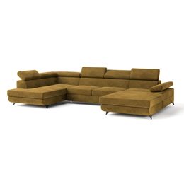 WOHNLANDSCHAFT RUBANO L-S Gelb Velours-Stoff mit Schlaffunktion