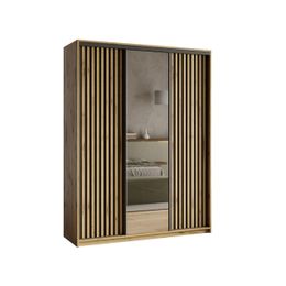 SCHWEBET&Uuml;RENSCHRANK ORRA 150/205/60 cm 3-t&uuml;rig mit Spiegel und Lamellen Eiche Artisan