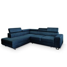 ECKSOFA NOLA L-S Blau Velours-Stoff mit Schlaffunktion