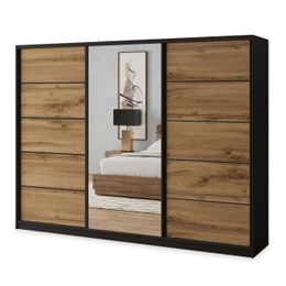 SCHWEBET&Uuml;RENSCHRANK NATA 270/205/58 cm 3-t&uuml;rig mit Spiegel und 4 Schubladen Schwarz