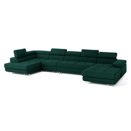 WOHNLANDSCHAFT VELORA L-S Gr&uuml;n Velours-Stoff mit Schlaffunktion