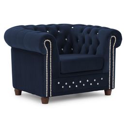 CHESTERFIELD-SESSEL Cleo Blink Marineblau Samt mit Kristallsteppung und braunen Massivholzf&uuml;&szlig;en