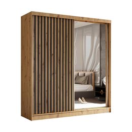 SCHWEBET&Uuml;RENSCHRANK LAMELLO 200/216/61 cm 2-t&uuml;rig mit Spiegel Eiche Artisan