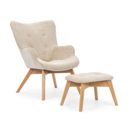 LOUNGESESSEL mit Fu&szlig;hocker Lenari Beige Cordstoff mit F&uuml;&szlig;en in Natur
