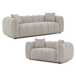SITZGARNITUR 3+2 Nubira in tief gesteppter Bubble-Optik aus weichem Taupe Strukturstoff im modernen Design