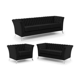 SITZGARNITUR 3+2+1 Chesterfield Whitby Schwarz Samt mit silbernen F&uuml;&szlig;en