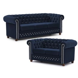 SITZGARNITUR 3+2 Chesterfield Cleo Blink Marineblau Samt mit Kristallsteppung und braunen Massivholzf&uuml;&szlig;en