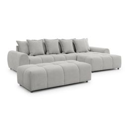 ECKSOFA inkl. Hocker Bubble mit Schlaffunktion und losen R&uuml;ckenkissen, Sitzfl&auml;che Bubble-Optik aus weichem Hellegrau Strukturstoff - Ottomane Rechts