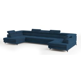 WOHNLANDSCHAFT URMANO Blau Velours-Stoff mit Schlaffunktion