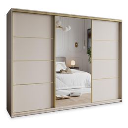 SCHWEBET&Uuml;RENSCHRANK VARO 250/205/60 cm 3-t&uuml;rig mit Spiegel und Schubladen Kaschmir