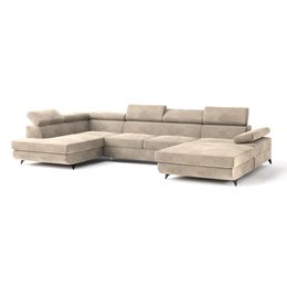 WOHNLANDSCHAFT RUBANO L-S Creme Velours-Stoff mit Schlaffunktion