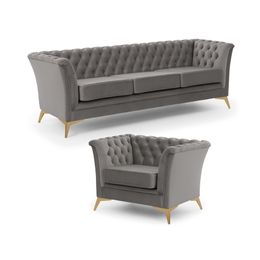 SITZGARNITUR 3+1 Chesterfield Whitby Grau Samt mit goldenen F&uuml;&szlig;en