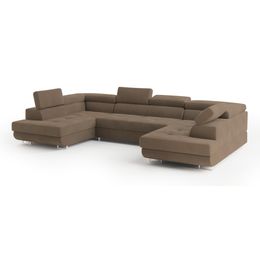 WOHNLANDSCHAFT RAGGIO Beige Velours-Stoff mit Schlaffunktion