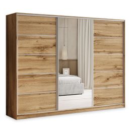 SCHWEBET&Uuml;RENSCHRANK PINA 250/205/58 cm 3-t&uuml;rig mit Spiegel und Schubladen Eiche Wotan