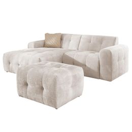 ECKSOFA inkl. Hocker Kozy im Bumpy-Design mit Schlaffunktion und fester R&uuml;ckenlehne aus weichem Beige Chenille-Stoff - Ottomane links