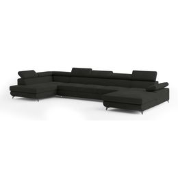 WOHNLANDSCHAFT MONTIVA Schwarz Velours-Stoff mit Schlaffunktion