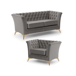 SITZGARNITUR 2+1 Chesterfield Whitby Grau Samt mit goldenen F&uuml;&szlig;en