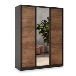 SCHWEBET&Uuml;RENSCHRANK SORE 160/205/58 cm 3-t&uuml;rig mit Spiegel und 4 Schubladen Schwarz
