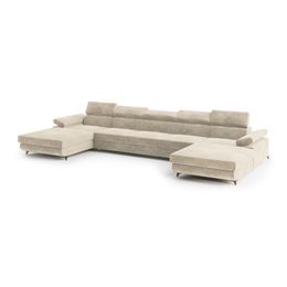 WOHNLANDSCHAFT VIVENTE Creme Velours-Stoff mit Schlaffunktion