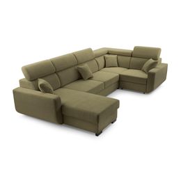 WOHNLANDSCHAFT CASTELLO Gr&uuml;n Pl&uuml;sch-Stoff mit Schlaffunktion