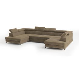 WOHNLANDSCHAFT VINTESSA Beige Velours-Stoff mit Schlaffunktion