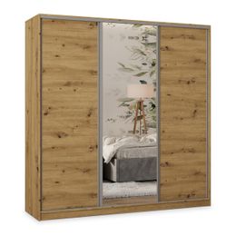 SCHWEBET&Uuml;RENSCHRANK TARI 200/205/58 cm 3-t&uuml;rig mit Spiegel und 4 Schubladen Eiche Artisan