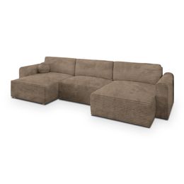 WOHNLANDSCHAFT FENTO Beige Kordstoff mit Schlaffunktion