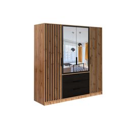 DREHT&Uuml;RENSCHRANK GAREN 196/200/57,5 cm 4-t&uuml;rig mit Spiegel Eiche Wotan
