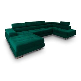 WOHNLANDSCHAFT CASONE R-S Gr&uuml;n Velours-Stoff mit Schlaffunktion