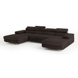 WOHNLANDSCHAFT LYKKE Braun Velours-Stoff mit Schlaffunktion