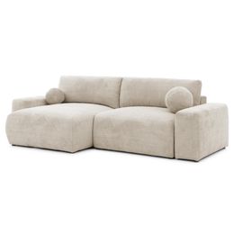 ECKSOFA Puffy mit Schlaffunktion und Bettkasten - besonders weich und puffig aus Beige Chenille-Stoff - Ottomane links
