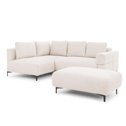 ECKSOFA inkl. Hocker Cardea mit Schlaffunktion in Bubble-Optik aus weichem Creme Strukturstoff und hohem Sitzkomfort - Ottomane links