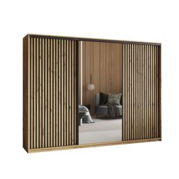 SCHWEBET&Uuml;RENSCHRANK ORRA 270/205/60 cm 3-t&uuml;rig mit Spiegel und Lamellen Eiche Artisan
