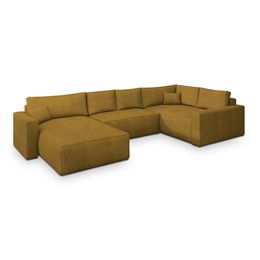 WOHNLANDSCHAFT VELAMI R-S Gelb Kordstoff mit Schlaffunktion