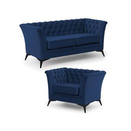 SITZGARNITUR 2+1 Chesterfield Whitby Marineblau Samt mit schwarzen F&uuml;&szlig;en