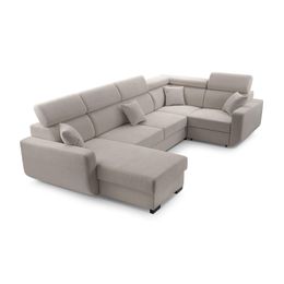 WOHNLANDSCHAFT CASTELLO Beige Pl&uuml;sch-Stoff mit Schlaffunktion