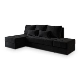 ECKSOFA NORVI Schwarz Pl&uuml;sch-Stoff mit Schlaffunktion