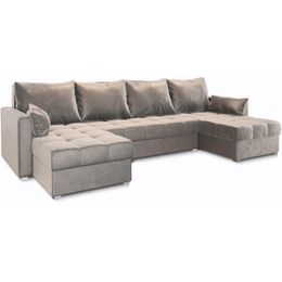 WOHNLANDSCHAFT NAKO Beige Pl&uuml;sch-Stoff mit Schlaffunktion